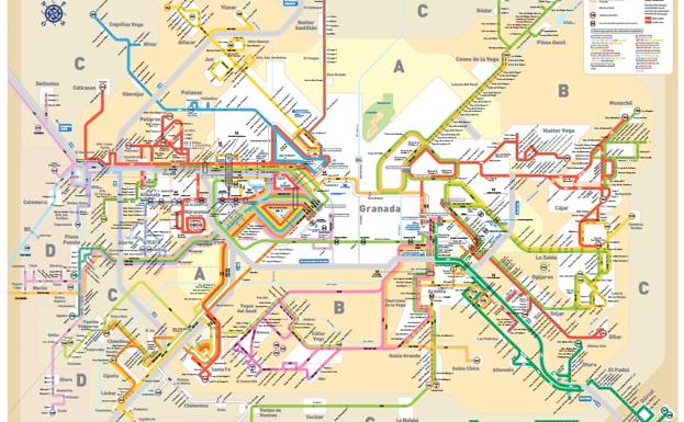 El plano completo de las líneas de autobuses metropolitanos en Granada ...